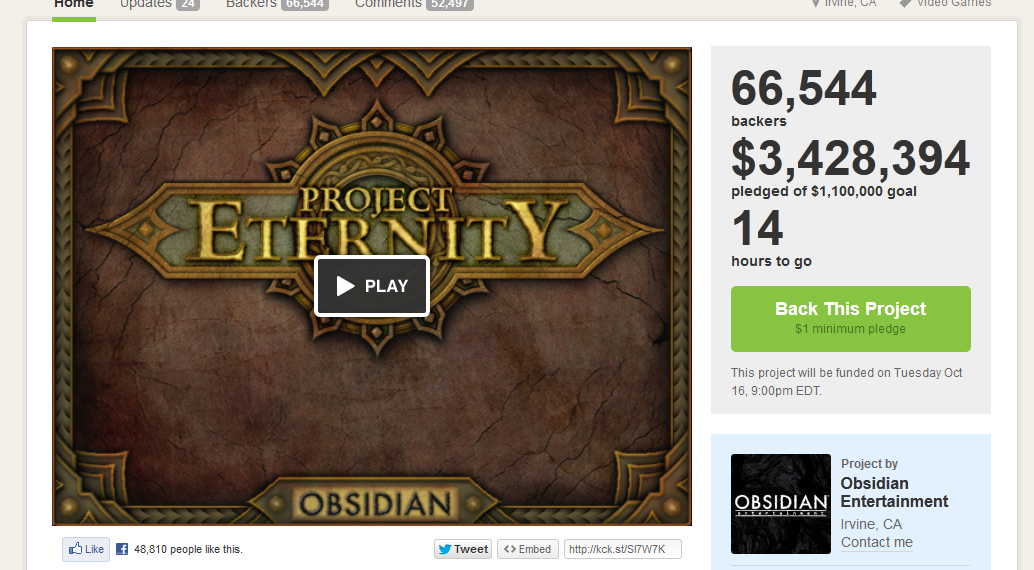Project Eternity стала самой успешной игрой на Kickstarter
